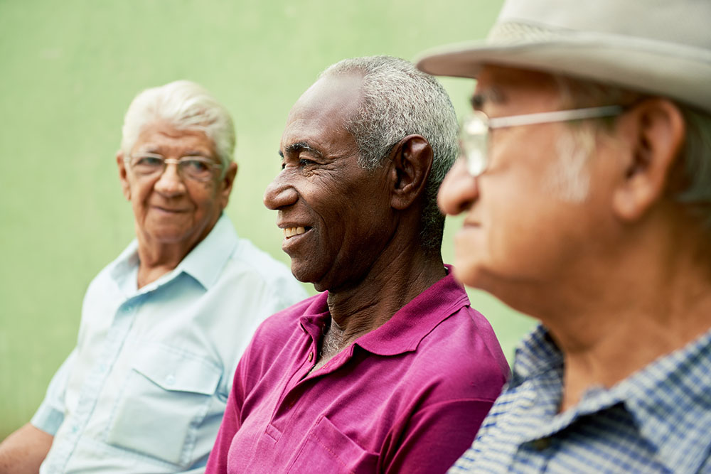 Group of old black and caucasian men talking in park - Quality Care ...